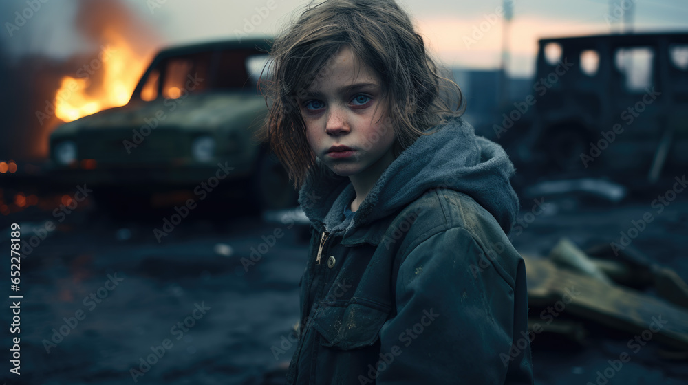 Child on derbis of destroyed city, post apocalypse kid standing in the ...