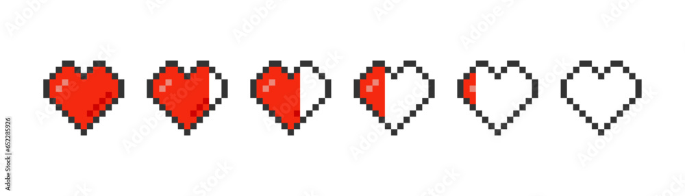 Pixelated red heart icon on light background. Pixel game life bar ...