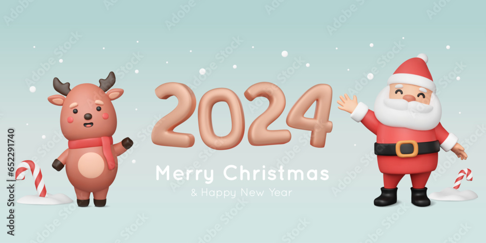 3d Santa Claus, 2024 numbers and cute reindeer waving hand. Christmas ...
