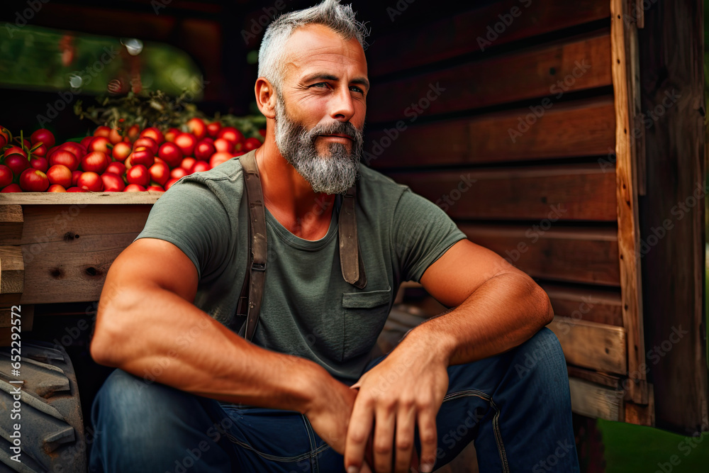 Apple orchard, portrait of a old mature farmer man smiling with clean ...