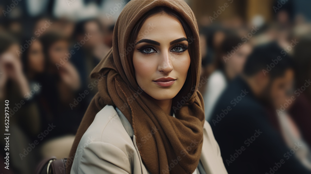 Modern Arab woman, a student sitting at a lecture in a university ...