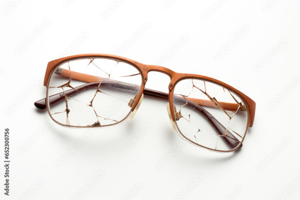 A broken eyeglasses frame in black, with shattered lens pieces ...