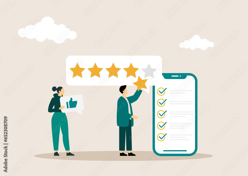 Feedback and review illustration . Characters giving positive feedback to helpdesk service ...