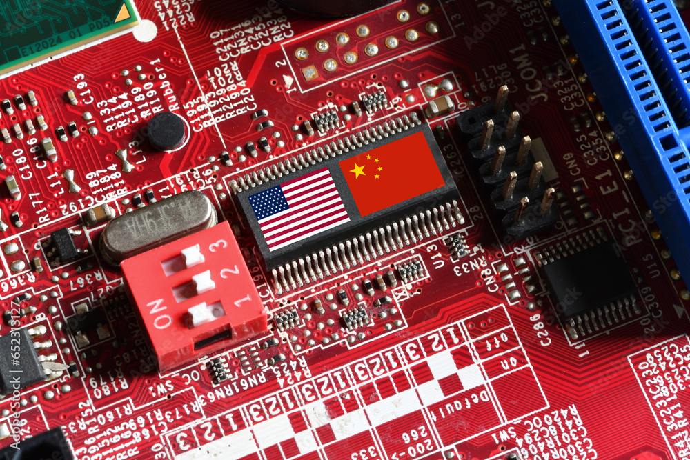 Flag of the Republic of China and the United States on microchip of a ...