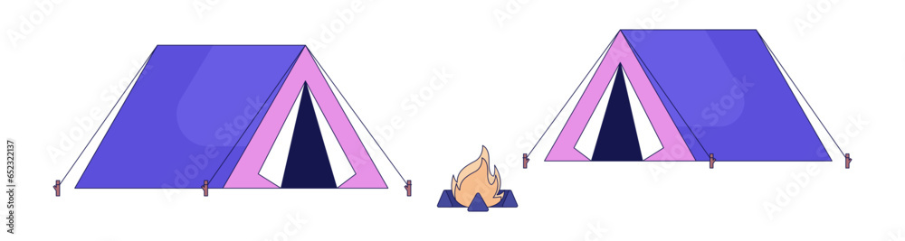 Camping tents with bonfire line cartoon flat illustration. Campsite ...