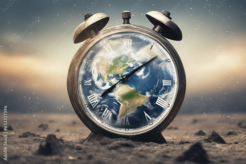 Clock ticking over planet Earth global warming, environment concept ...