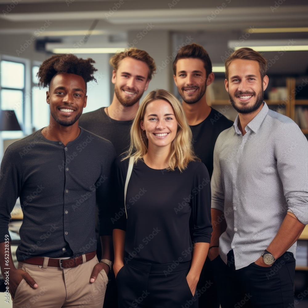 Happy diverse professional business team stand in office looking at ...