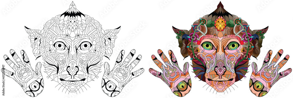 Zentangle monkey head with paws for coloring. Hand drawn decorative ...