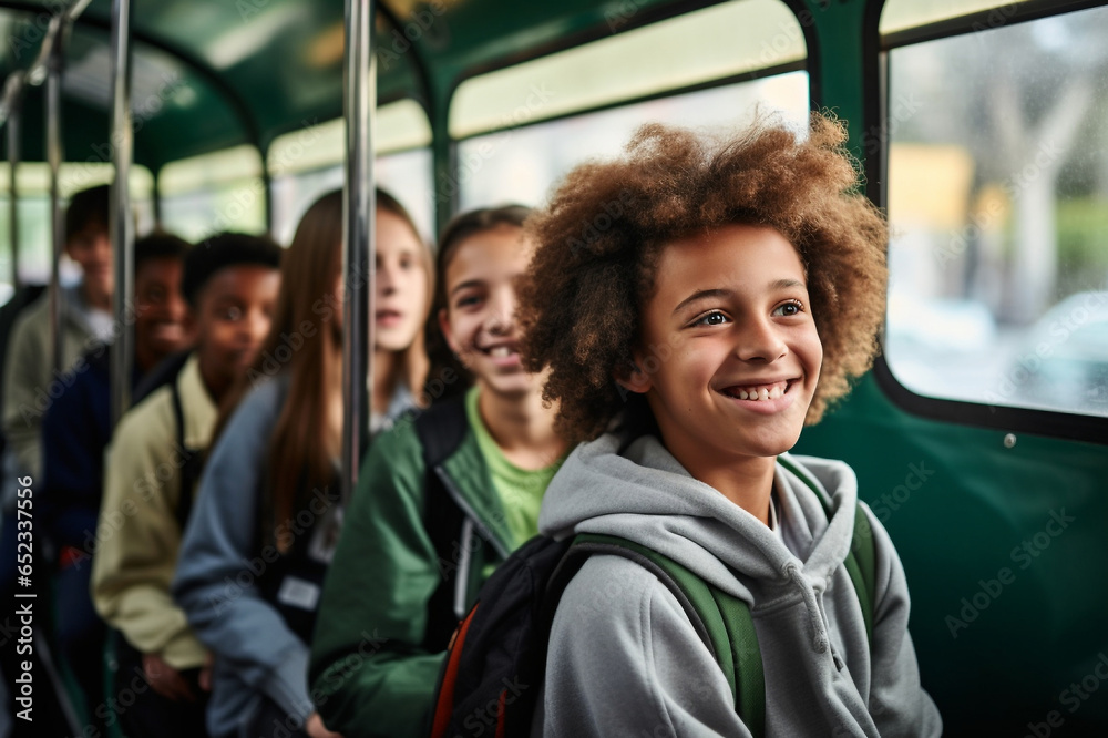 Students inside a school bus, multi-ethnic kids, joy and friendship ...