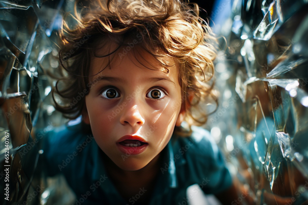 Evocative view of a bewildered child behind broken glass, capturing ...