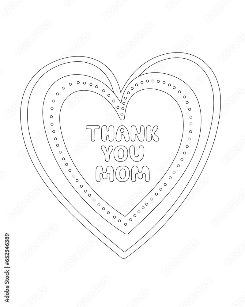 Coloring page, outline drawing for coloring book. Thank you mom card ...