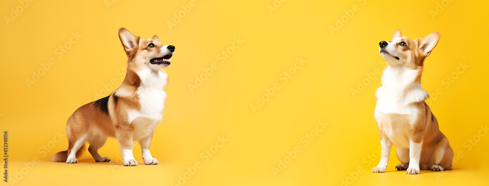 Corgi dog on colored background with copy space. Set of full body ...
