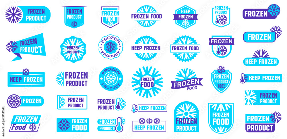 Frozen product vector food package label. Fresh frozen product set ...