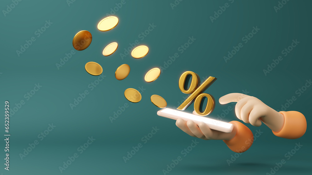 3D cartoon hand holding percentage symbol on top smartphone and coins ...