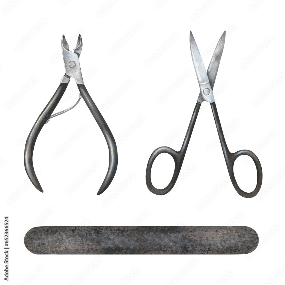Set of tools for Manicure. Watercolor illustration of nippers and ...
