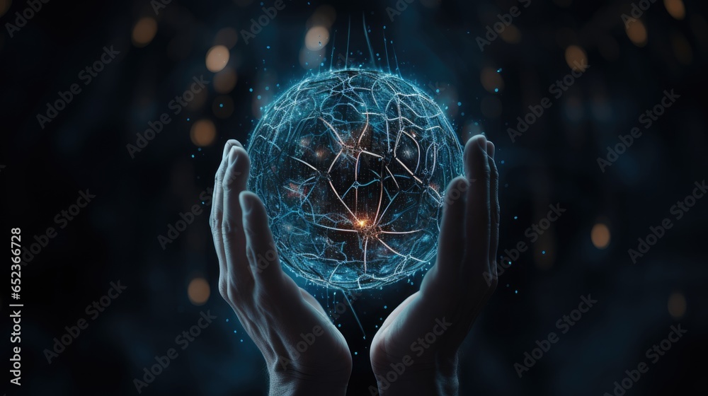 Blue neural network ball in mans hands on dark background for AI and ...