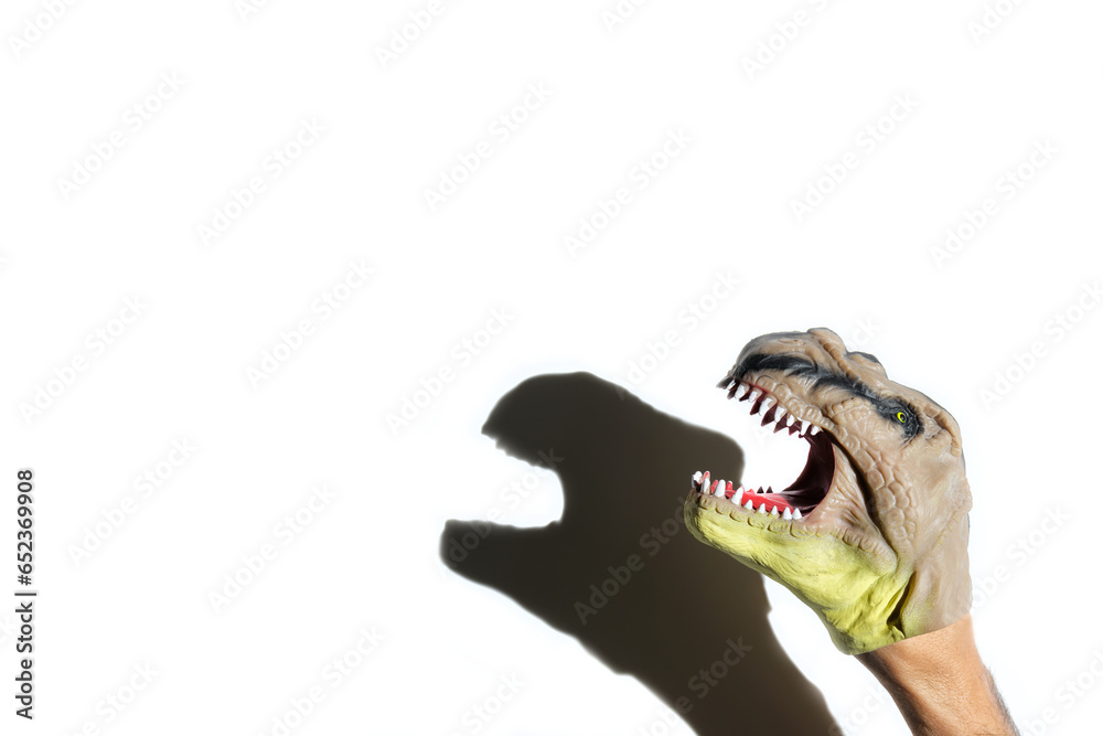 t-rex puppet with open mouth with cast shadow on white background Stock ...