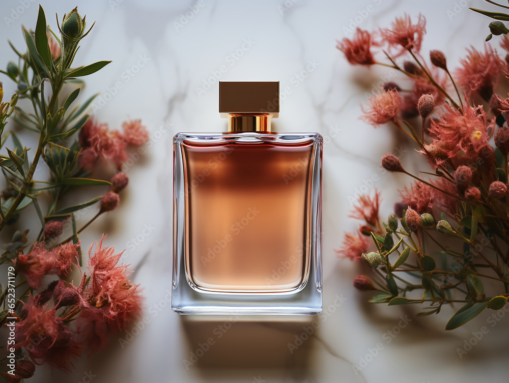 Transparent bottle of perfume with no label on nature background ...