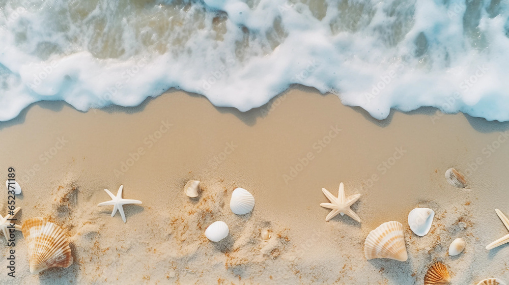 a flat overhead top-down view of a sandy beach covered in seashells as ...