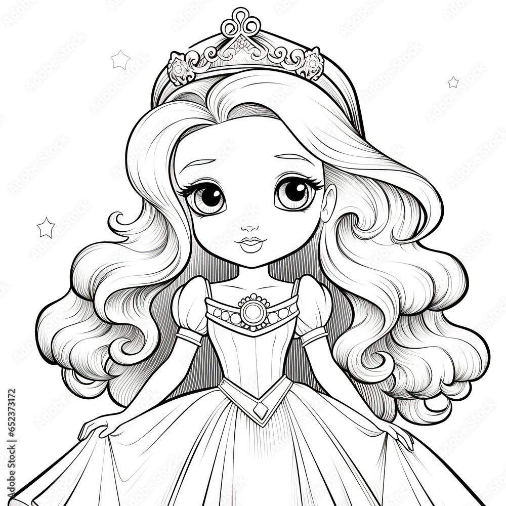 Cute princess beautiful background.Doodle coloring page for kids. Black ...