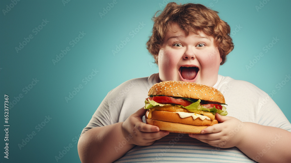 Studio portrait of cheerful fat boy eating a big hamburger. Concept of ...