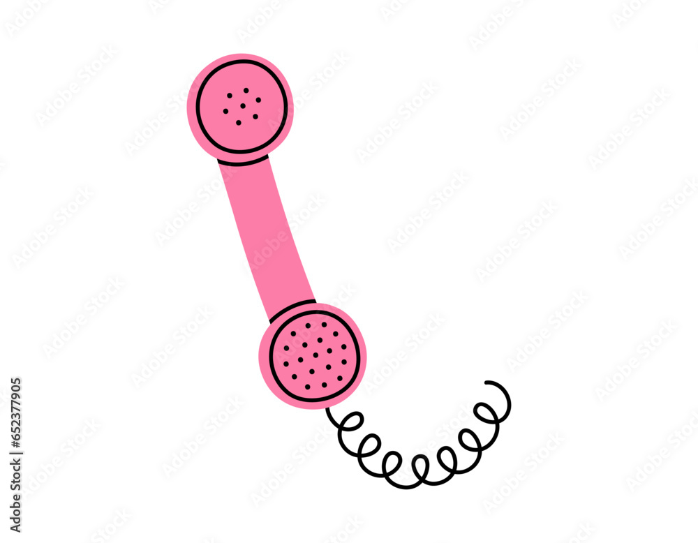 Hand drawn cute cartoon illustration of pink retro phone handset. Flat ...