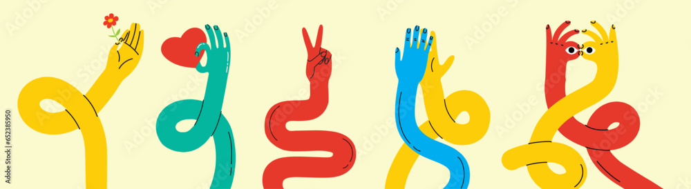 Cartoon hands abstract drawn comic. Set of Hand multicolored different ...