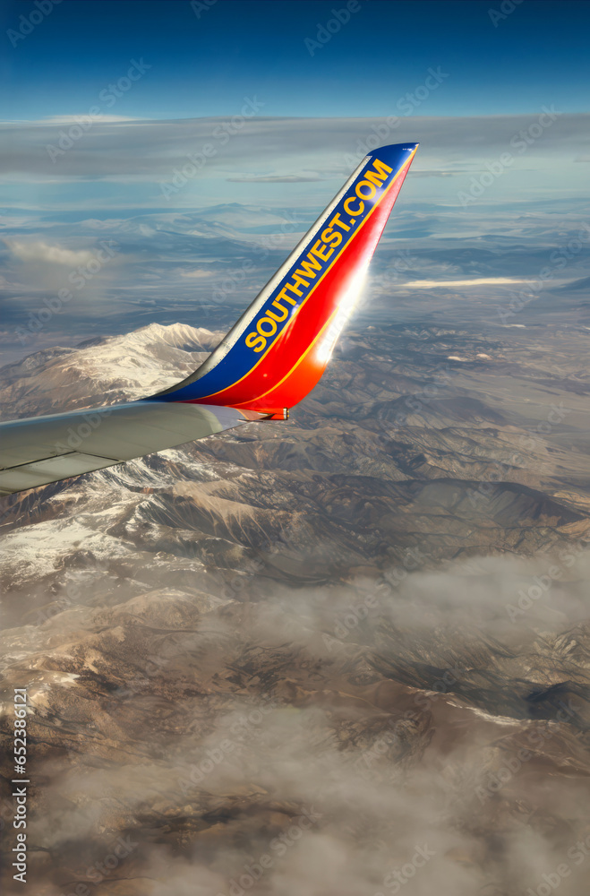 A wing tip of Southwest Airlines Boeing 737 flying over snow-capped ...