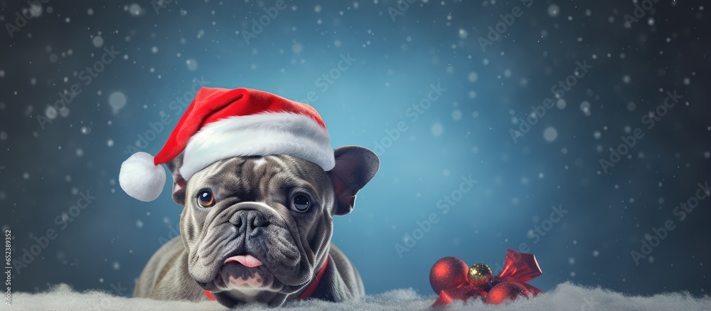 Blue nose pit bull dog wearing a Santa Claus hat alone in the dark ...