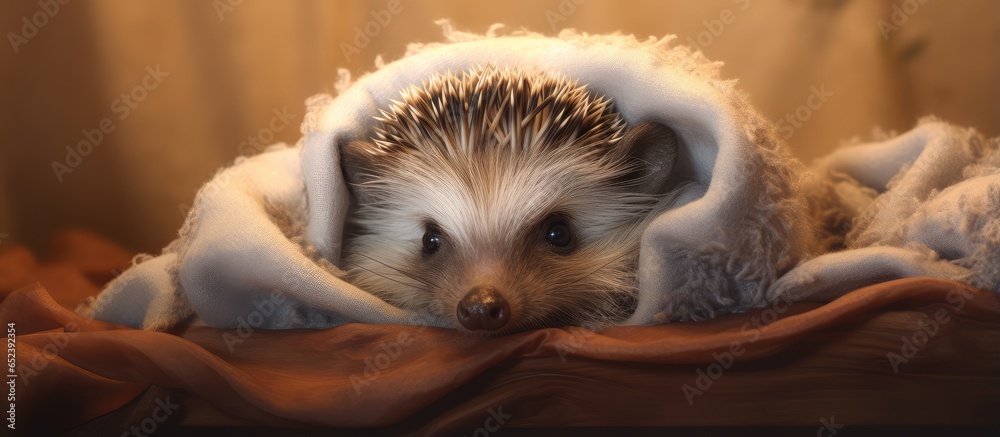 Foto de Sad hedgehog lying on blanket wants freedom in forest ...