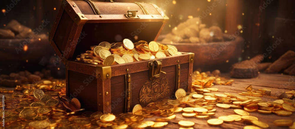 Many gold coins spilled from an old style wooden treasure chest with ...