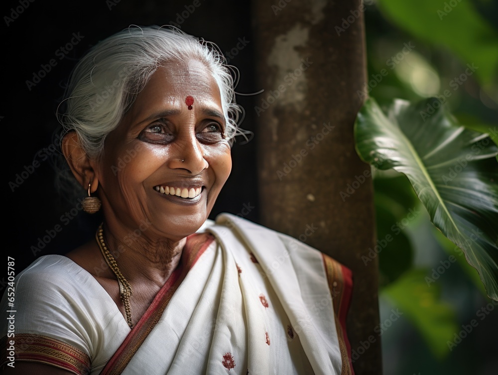 Contented 60s woman in traditional Kerala saree, wisdom in her eyes ...