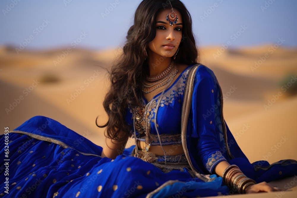 Graceful Rajasthani woman in Blue Ghagra-Choli amidst Thar Desert sand ...