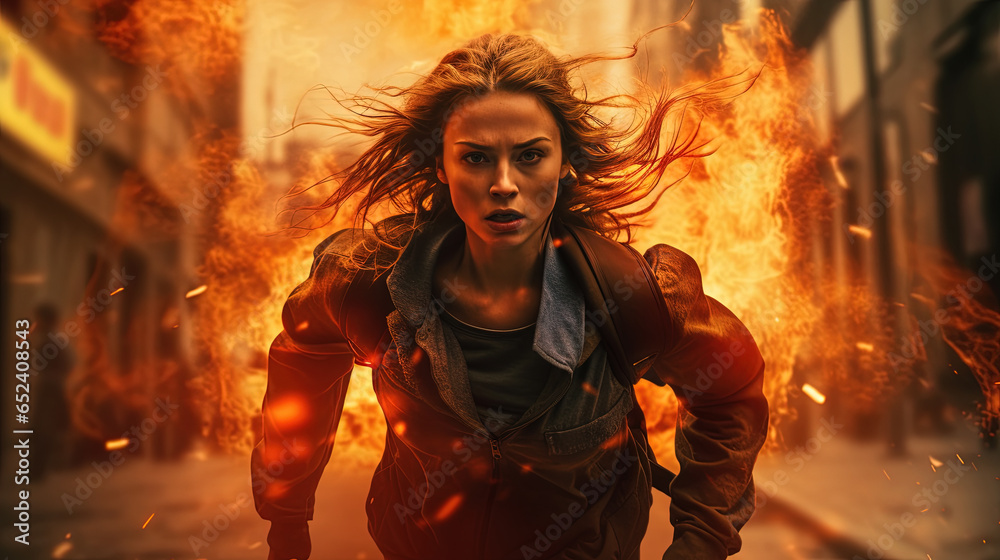 Action shot with woman on the run. Dynamic scene in action movie ...