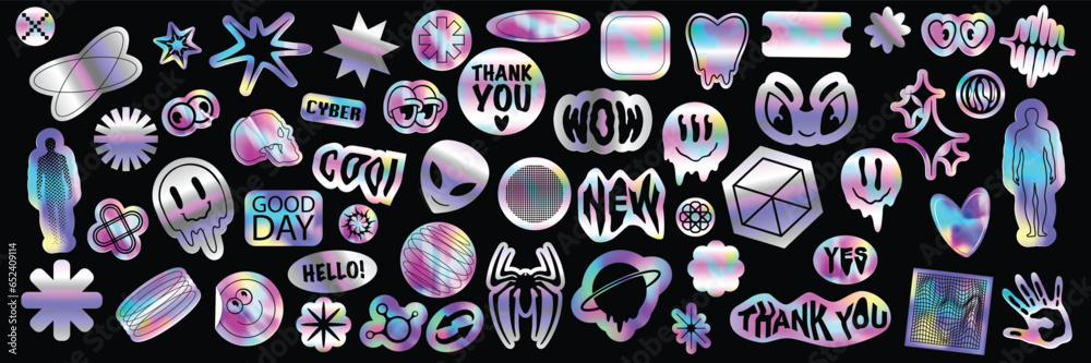 Holograph u2k sticker set, hologram cyber holo icon pack, vector space ...