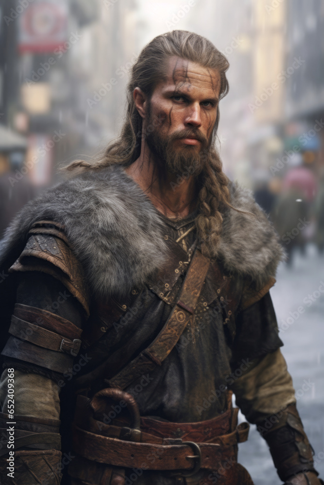 ภาพประกอบสต็อก Starker Wikinger Krieger mit langen Haaren und Bart in ...