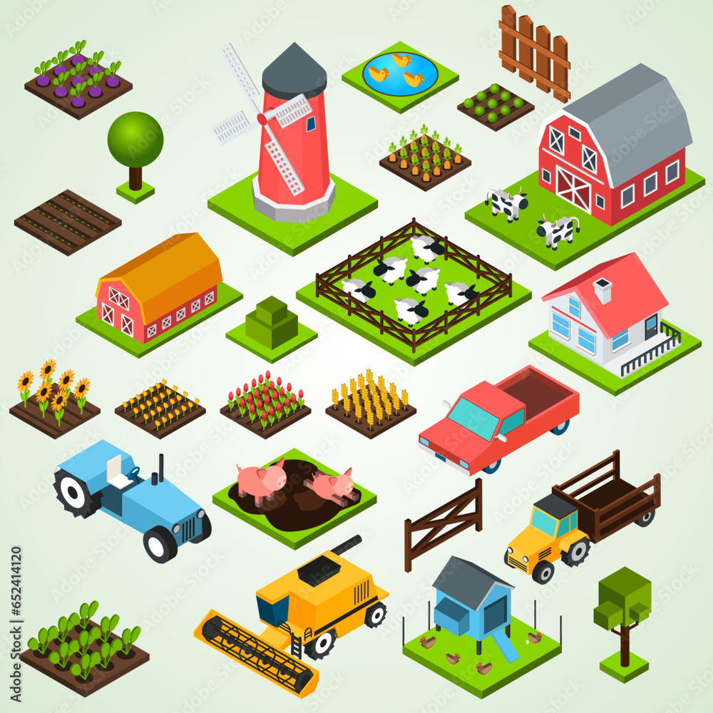 vector game isometric and colored concept with farming simulation game ...