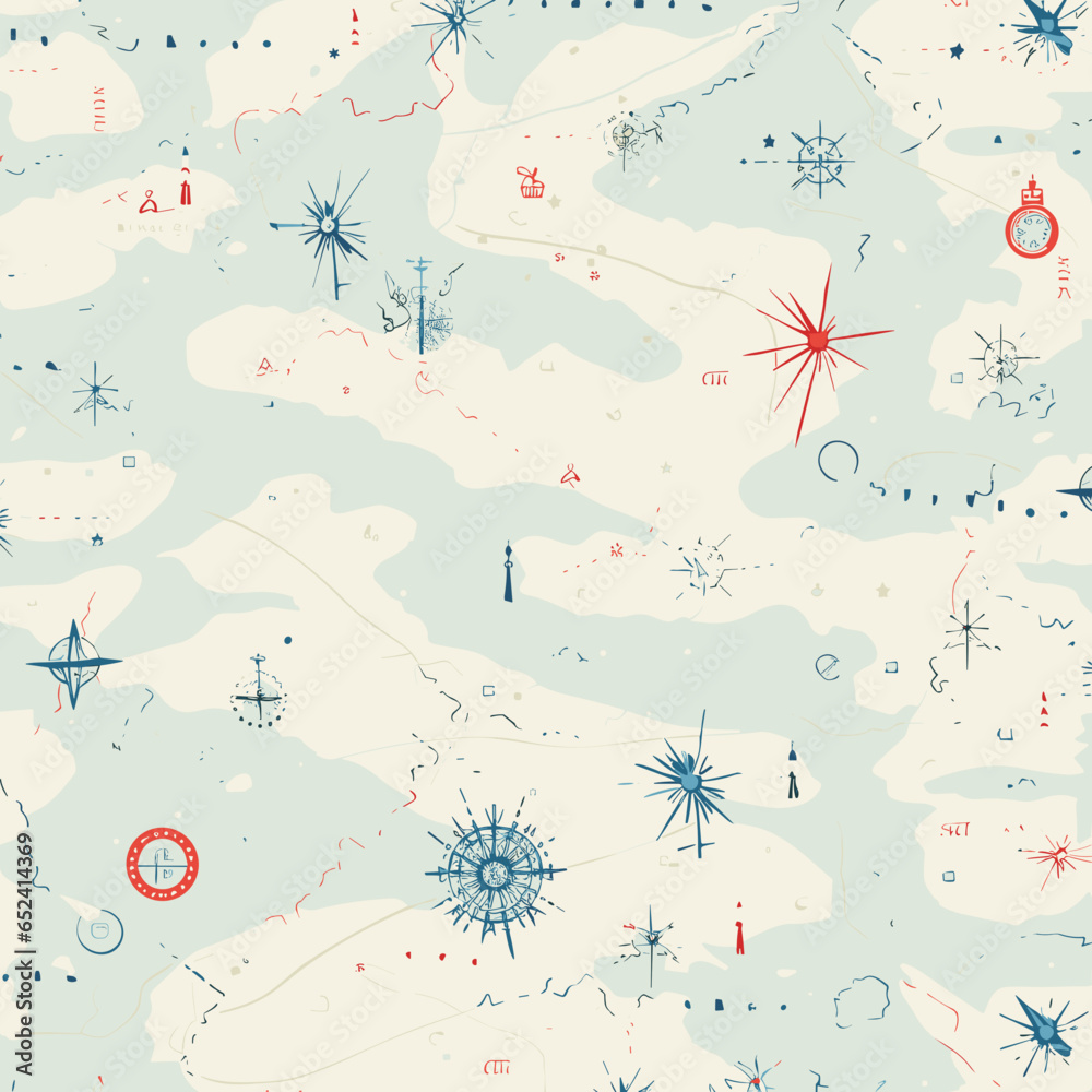 Vintage maps pattern, background, hand-drawn cartoon flat art ...