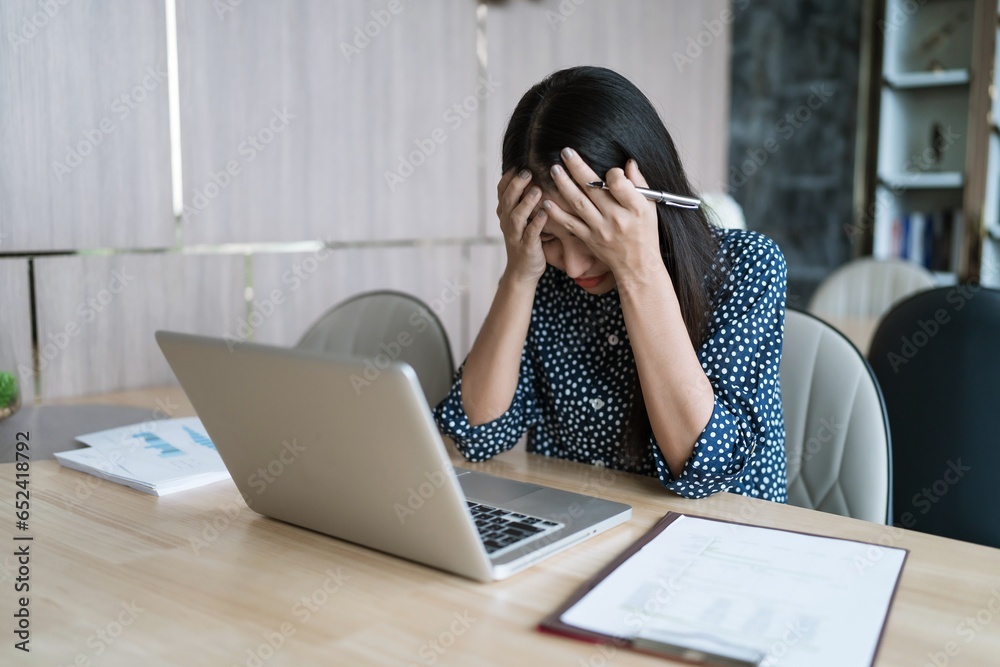 Burnout concept. Asian Business woman touching forehead having headache ...