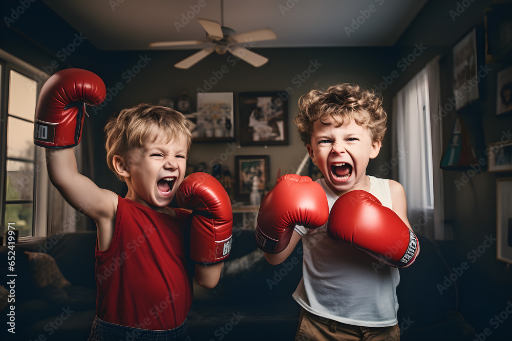 2 children are practicing boxing , in boxing gloves, happy atmosphere ...
