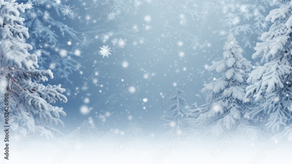 a horizontal snow scene with pine trees and falling snow with space for ...