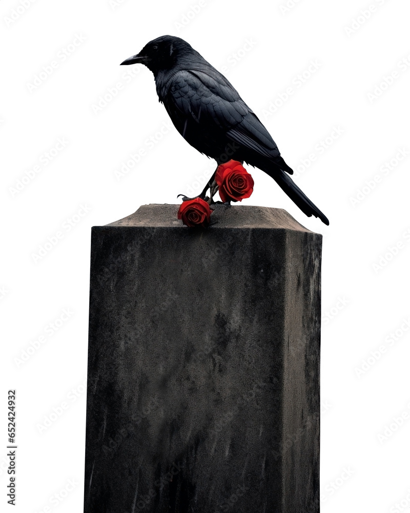 a black crow, raven on a tombstone. Blood red roses on a grave stone ...