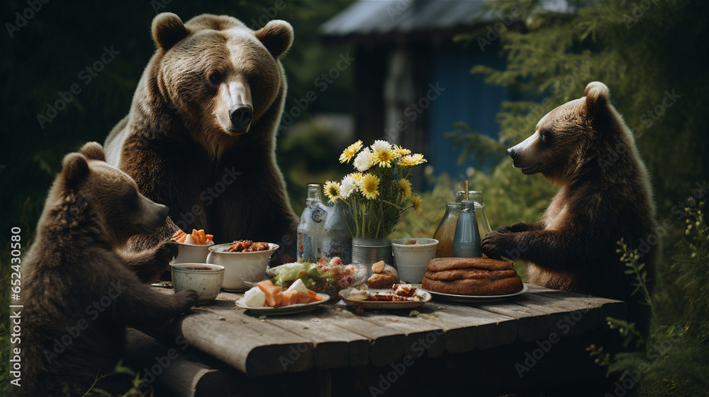 An outdoor illustration of three brown bears having a picnic and ...