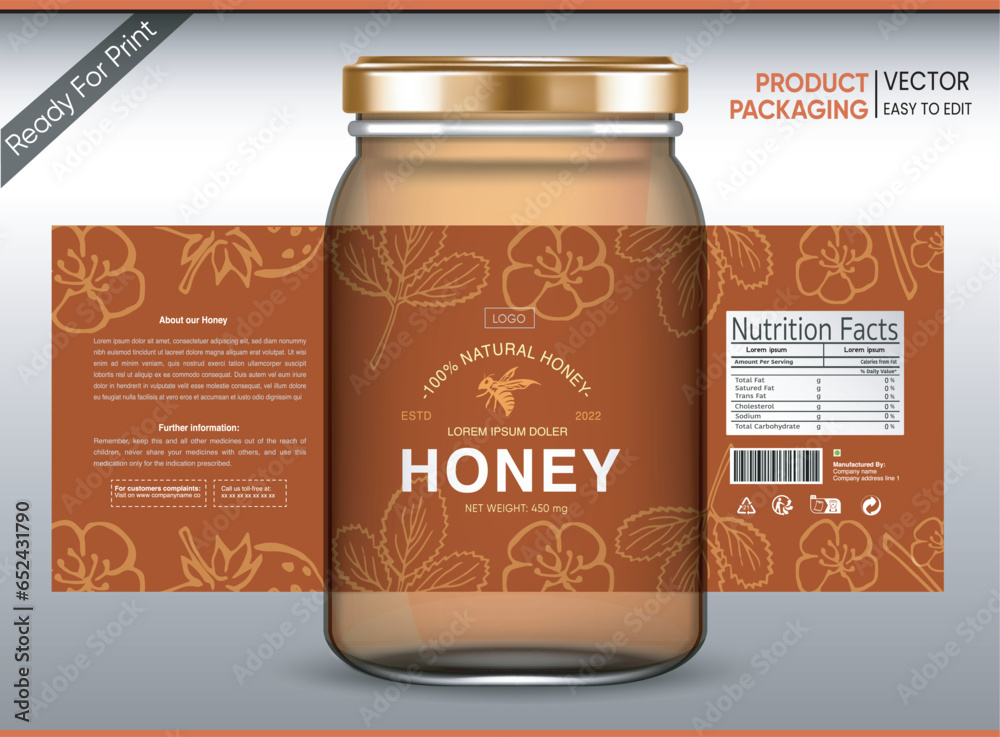 Honey Label, Honey Packaging, Bee honey, Honey Vector packaging, Label ...
