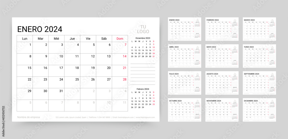 2024 Spanish calendar. Planner template. Calender layout with month ...