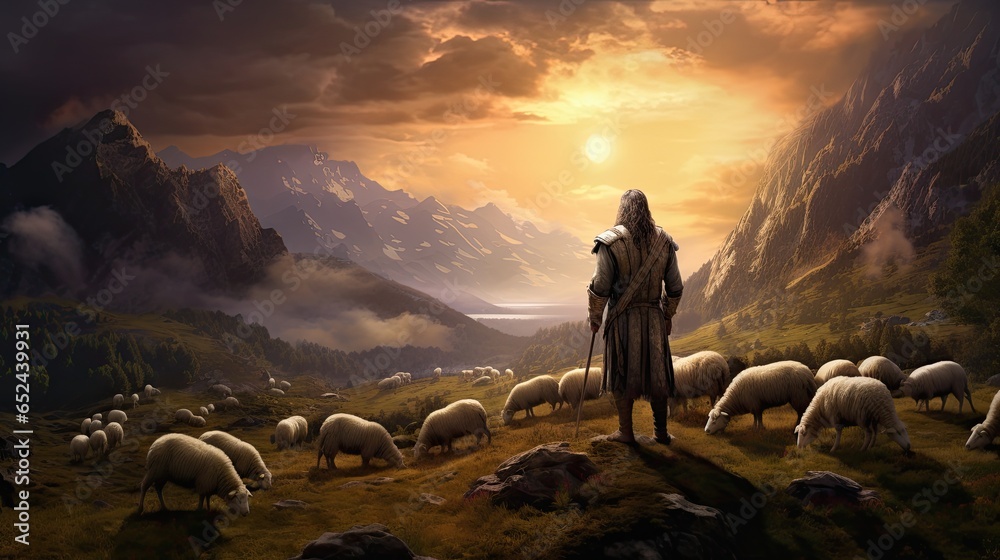 a Shepard, sheep scene in a horizontal format, space for copy in a ...