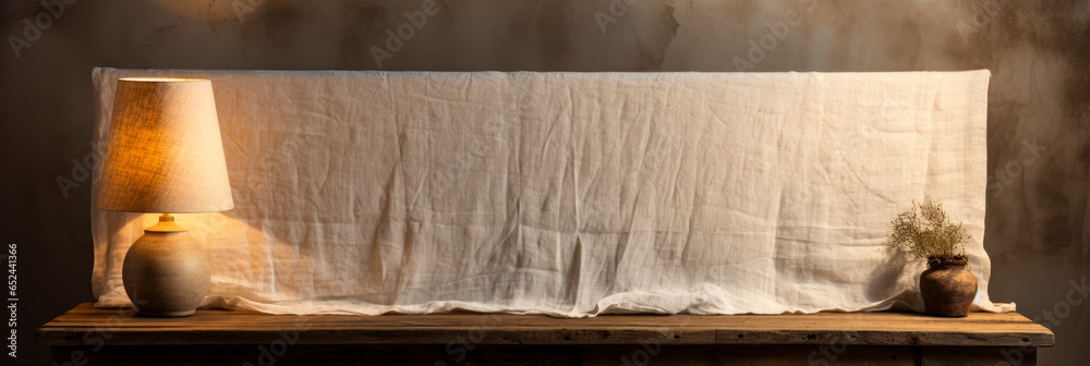 Soft lighting illuminating the naturally worn texture of rustic linen ...