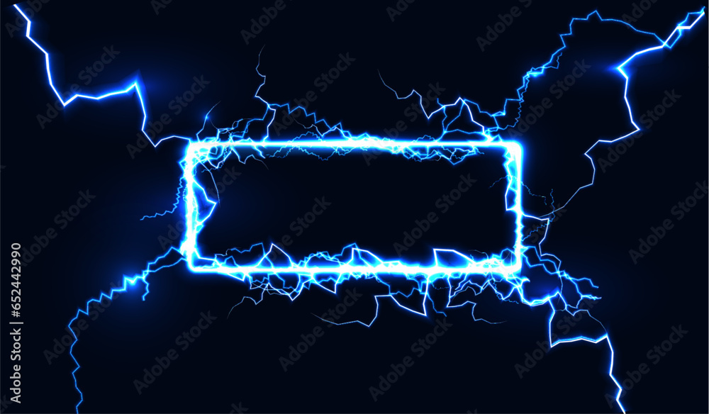 Blue electric realistic flash of lightning frame on transparent ...