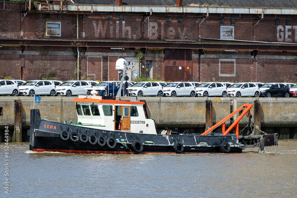 Emden, Germany - August 29, 2023: work boat ‘Leda’ in the port of Emden ...
