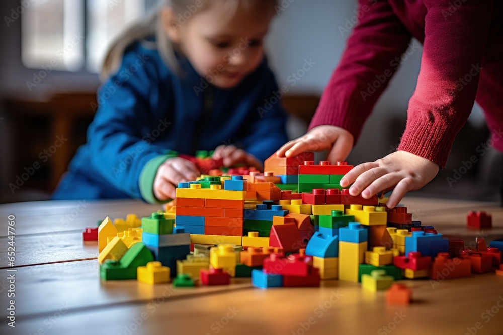 Children play with colored construction blocks, children play with mom ...